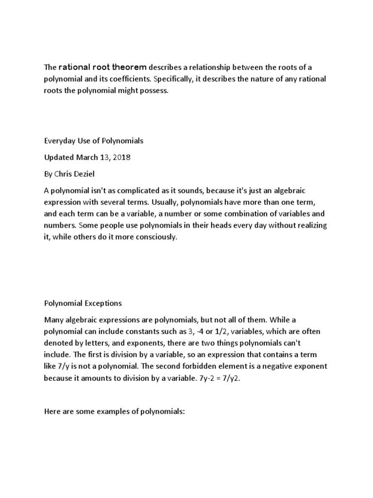 The Rational Root Theorem Describes A Relationship Between The Roots Of A Polynomial And Its