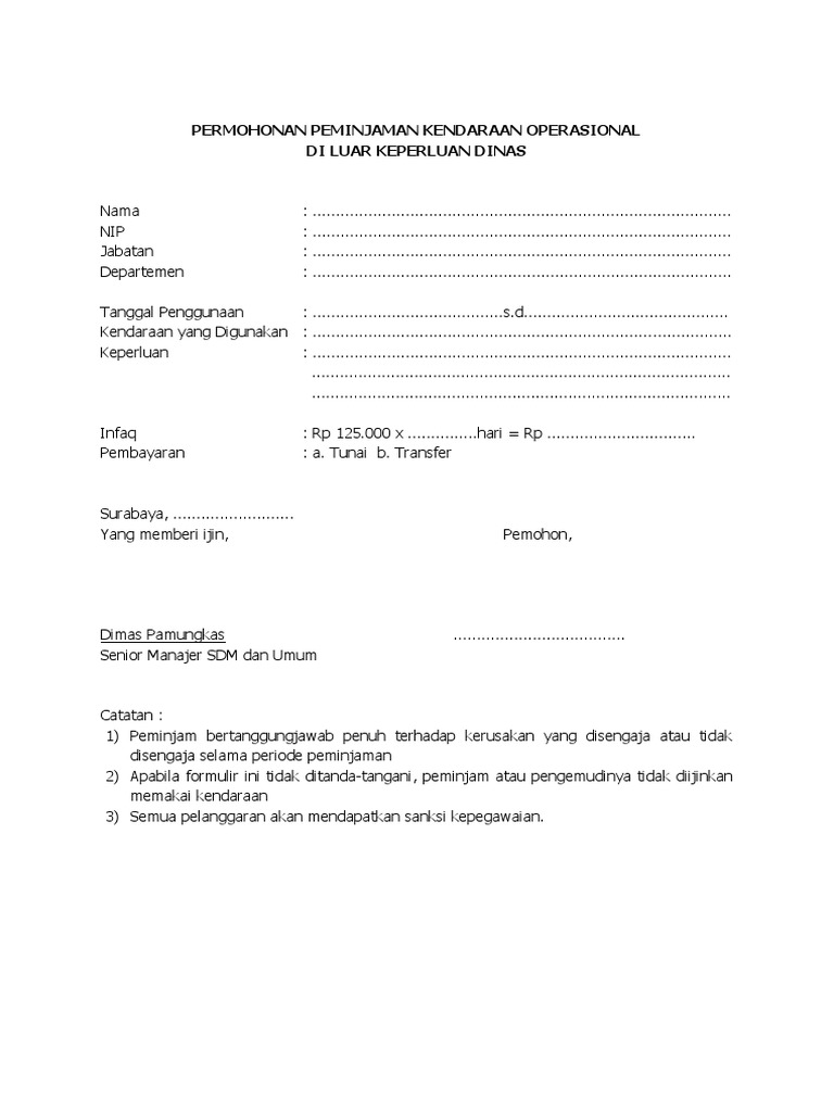 Form Peminjaman Mobil Ops - 1 | PDF