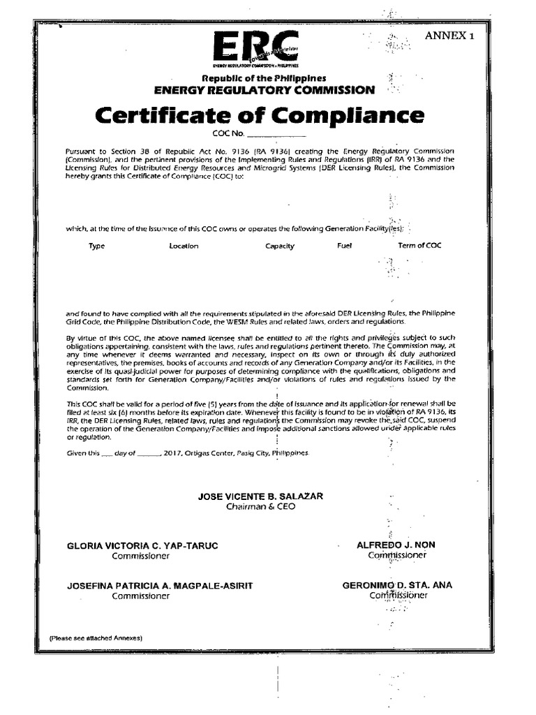 Certificate of Compliance: Energy Regulatory Commission | Download Free ...
