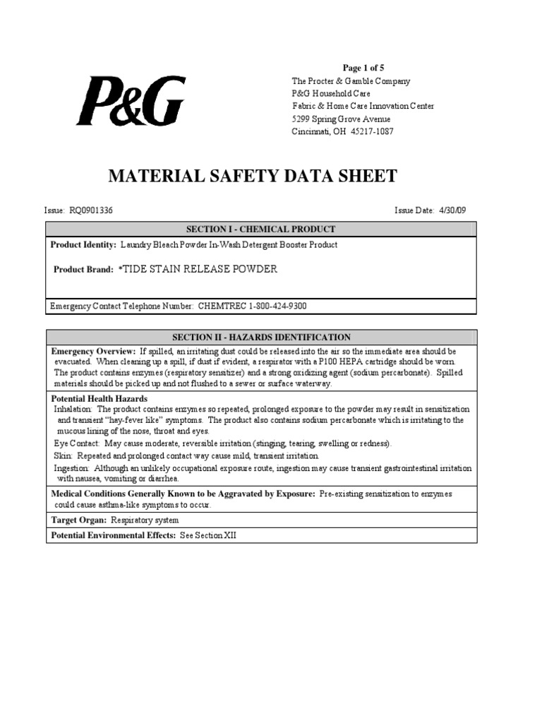 Tide Stain Release Powder MSDS | PDF | Sodium | Bleach