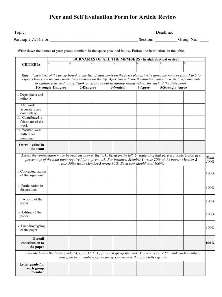 D. Peer & Self Evaluation For Article Review | PDF | Cognition | Learning