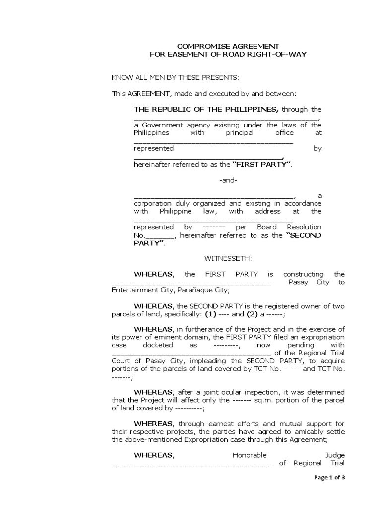 Sample Compromise Agreement | PDF | Easement | Eminent Domain