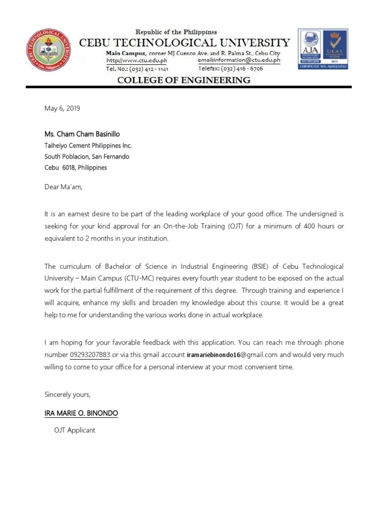OJT Application Letter Jeremae | PDF