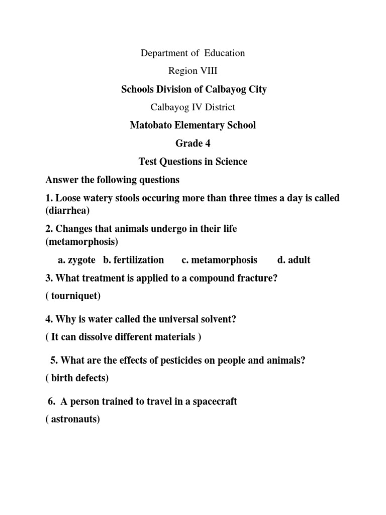 Grade 4 Science Test Questions | PDF