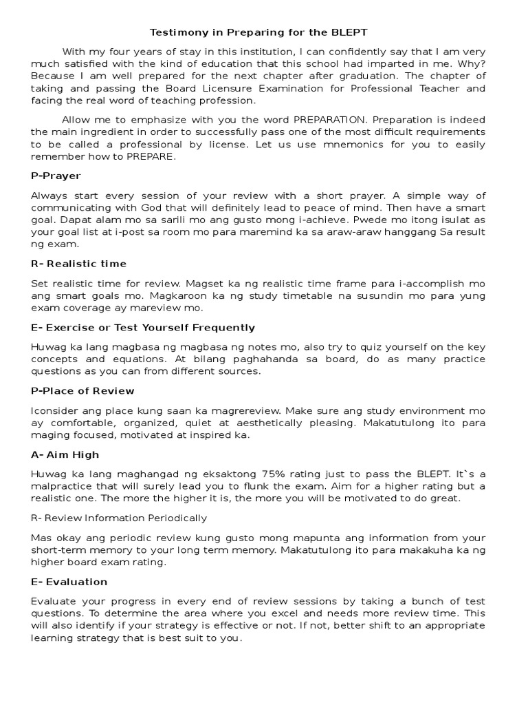 Testimony in Preparing For The BLEPT | PDF | Test (Assessment) | Memory