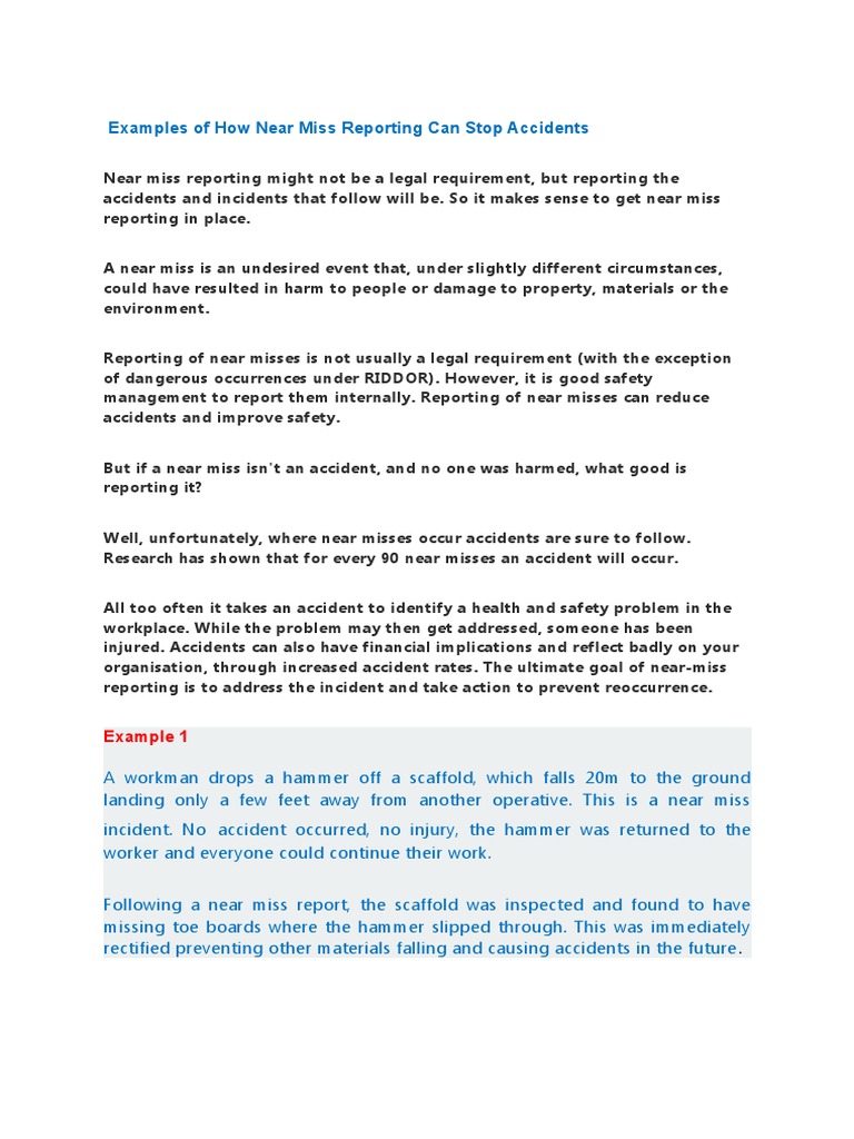 Near Miss Reporting: Key Examples | PDF | Occupational Safety And ...