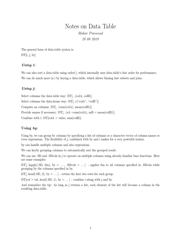 Notes On Data Table | PDF