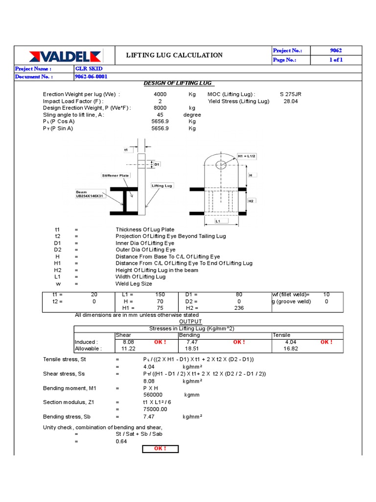 Lifting Lug Calculation: Project No.: 9062 Page No.: 1 of 1 Project ...