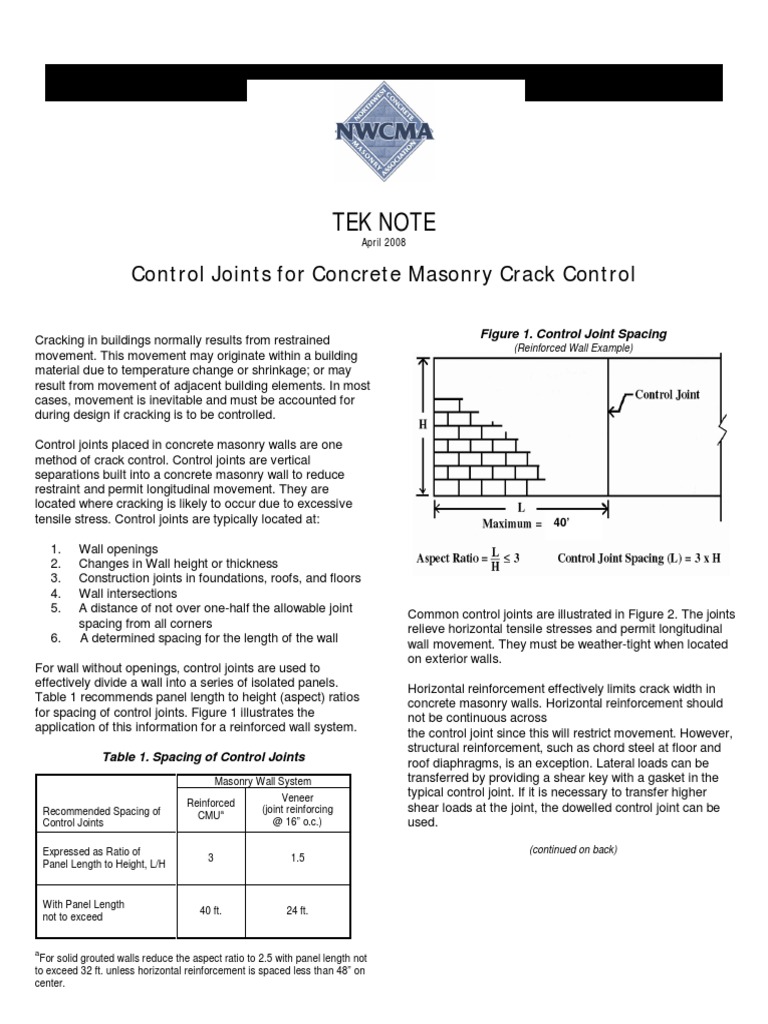 Tek Note: Control Joints For Concrete Masonry Crack Control | PDF ...