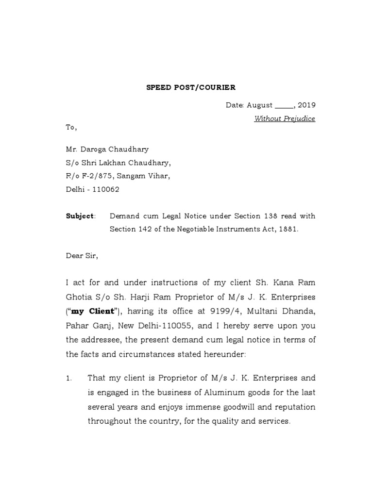 Legal Notice Section 138 Cheque Bounce | PDF | Cheque | Loans