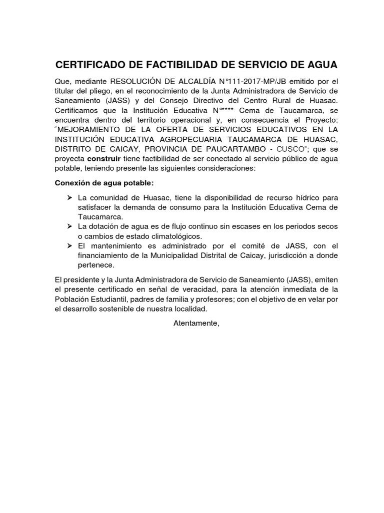 Factibilidad de Servicio de Agua | PDF