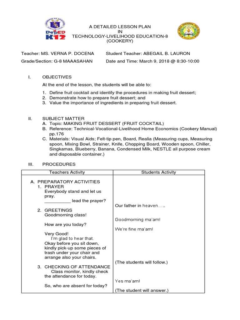 A Detailed Lesson Plan Final Demo | PDF | Desserts | Cocktails