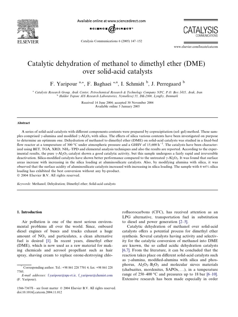Catalytic Dehydration of Methanol To Dimethyl Ether (DME) | PDF ...