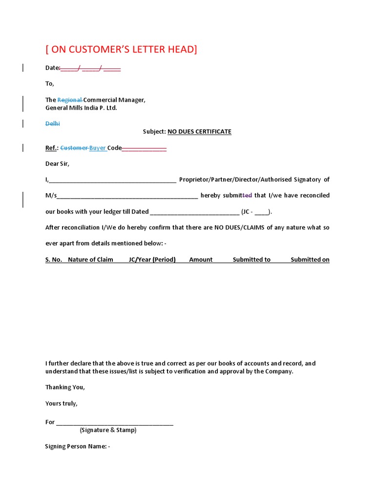 No Dues Certificate Format - Final | PDF