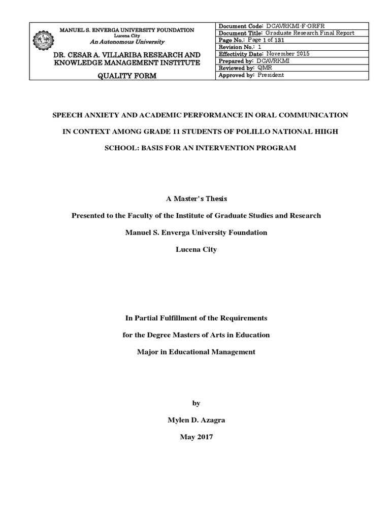 Speech Anxiety and Academic Performance | PDF | Self Efficacy | Anxiety
