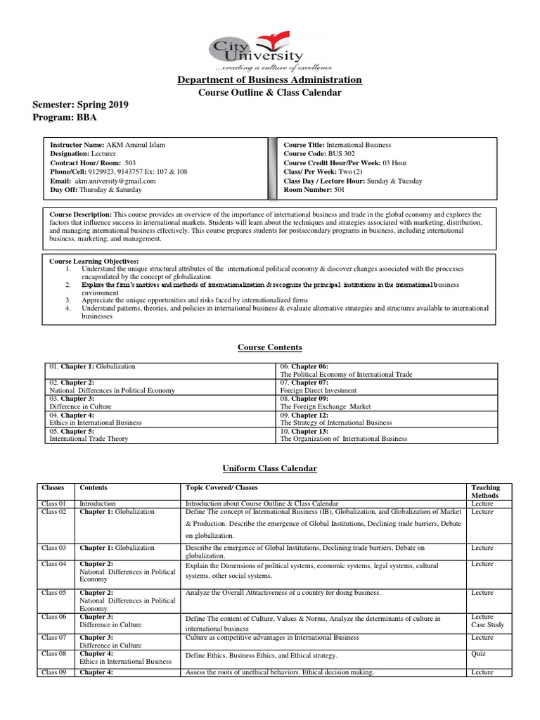 Department of Business Administration: Course Outline & Class Calendar ...