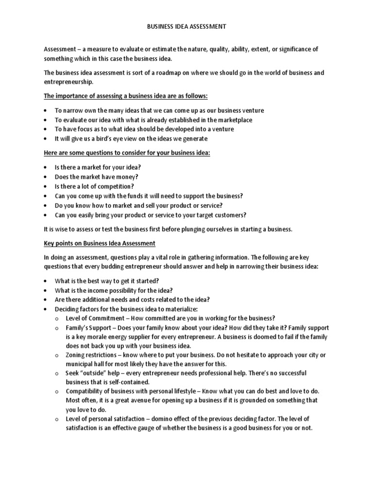 Business Idea Assessment | PDF | Feasibility Study | Entrepreneurship