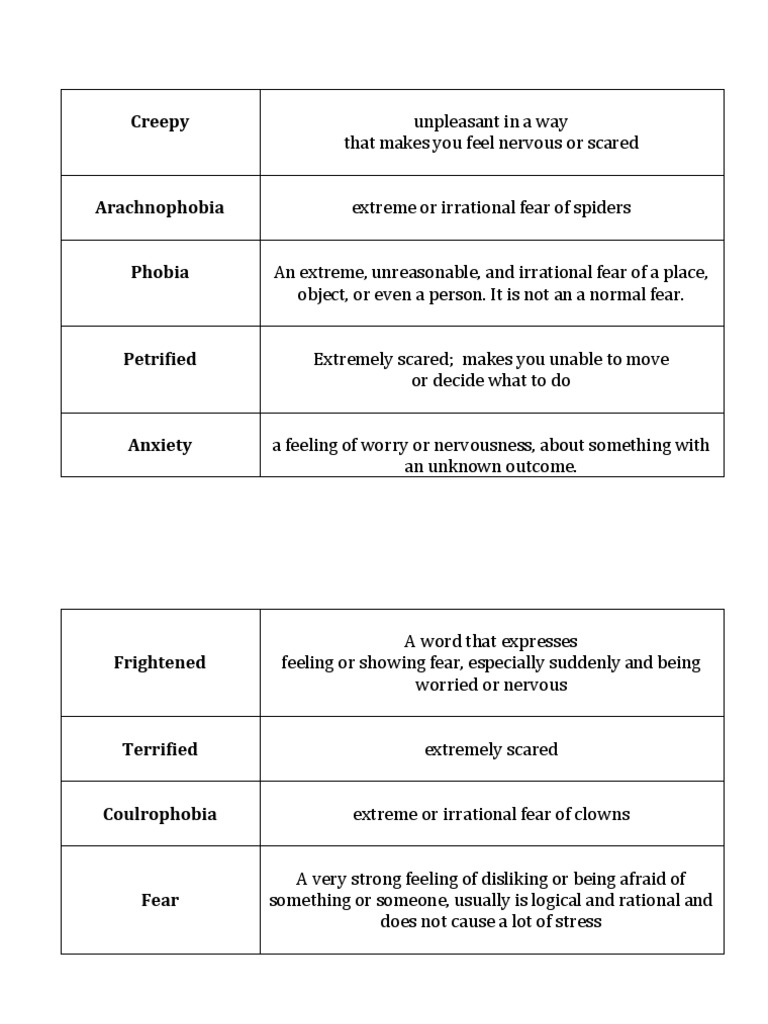 Fear Vocabulary Flashcards Matching Exercise | PDF