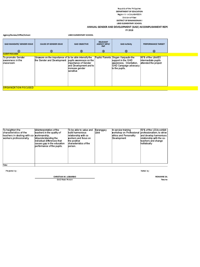 Annual Gender and Development (Gad) Accomplishment Report | PDF ...