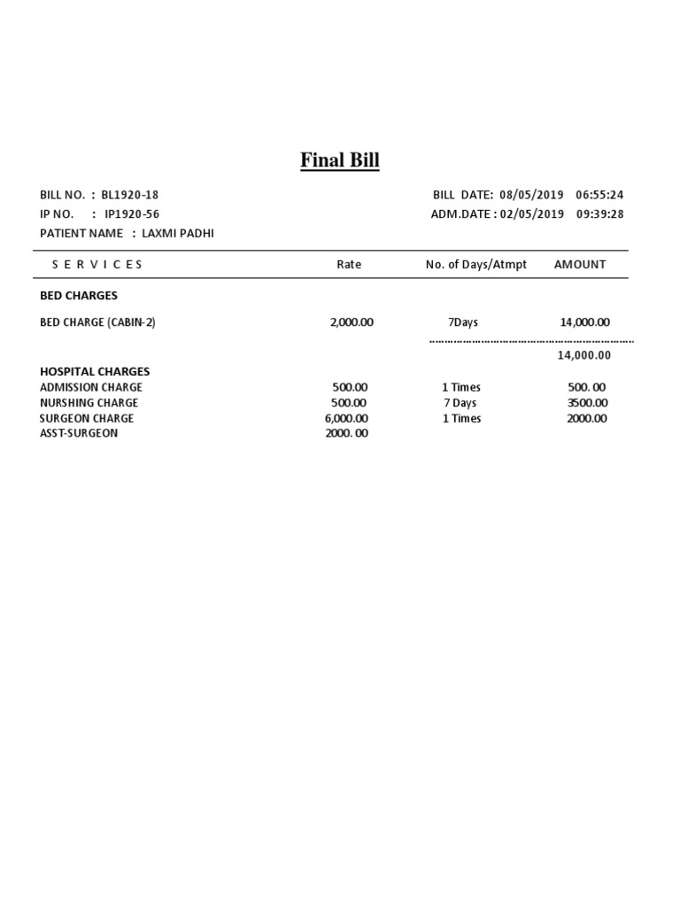 Final Hospital Bill for Laxmi Padhi | PDF