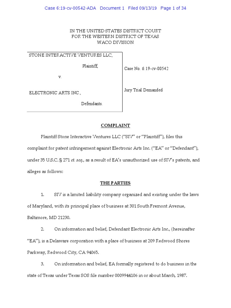 STONE INTERACTIVE VENTURES LLC Vs Electronic Arts | PDF | Patent ...