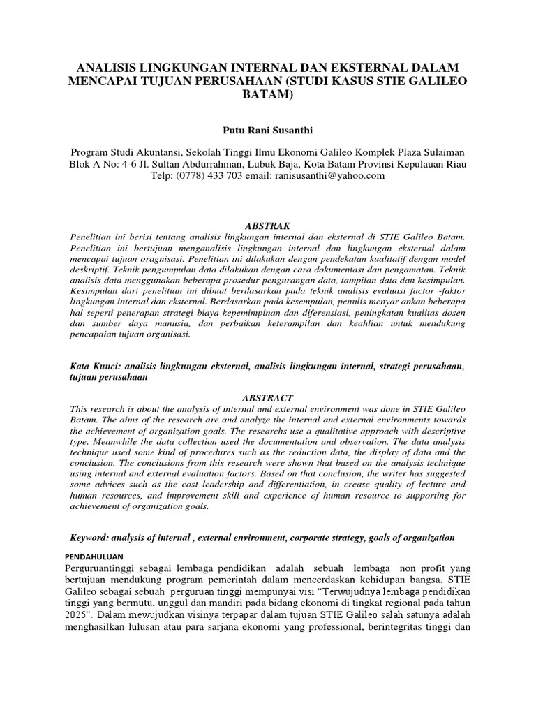 Analisis Lingkungan Internal Dan Eksternal Dalam Mencapai Tujuan ...