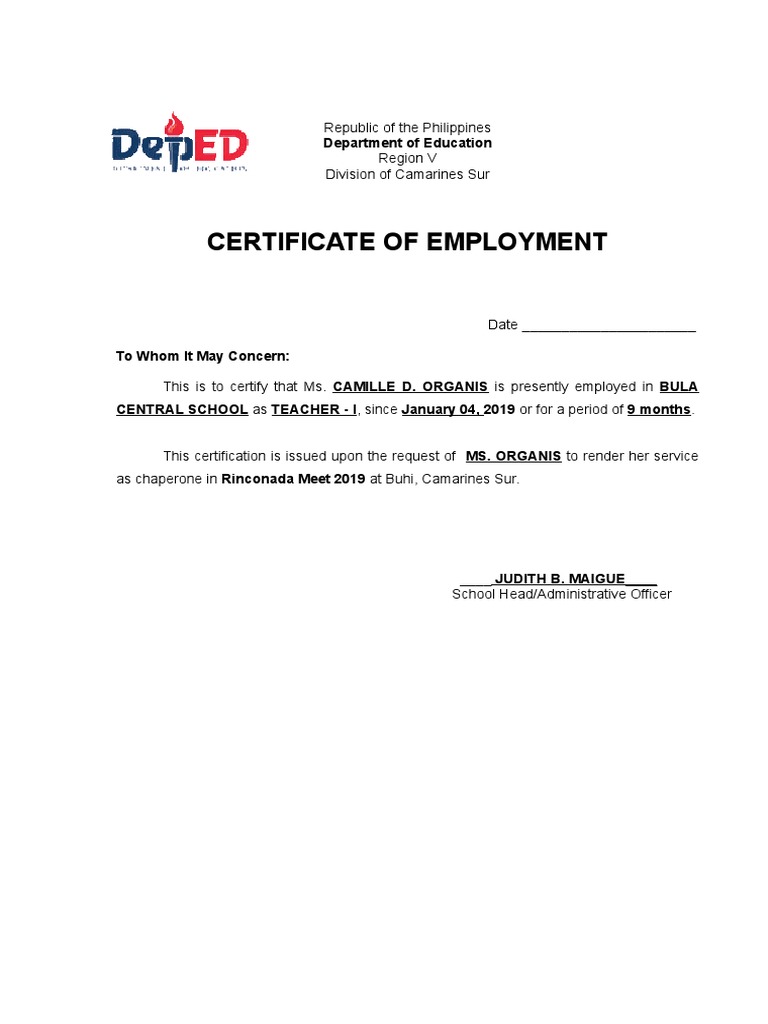 Certificate of Emplyment Sample Template For DepEd Employees | PDF