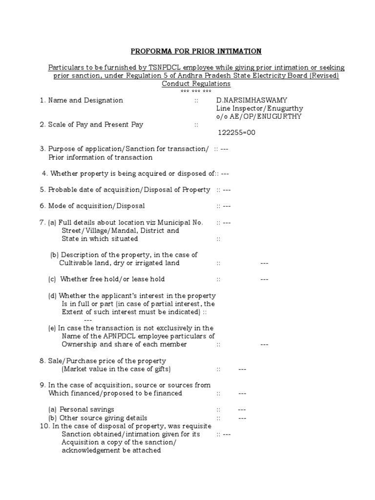 Proforma For Prior Intimation | PDF | Mergers And Acquisitions | Property