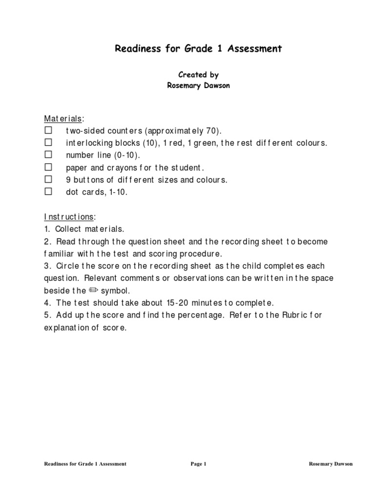 Grade 1 Readiness Assessment Guide | PDF | Rubric (Academic ...
