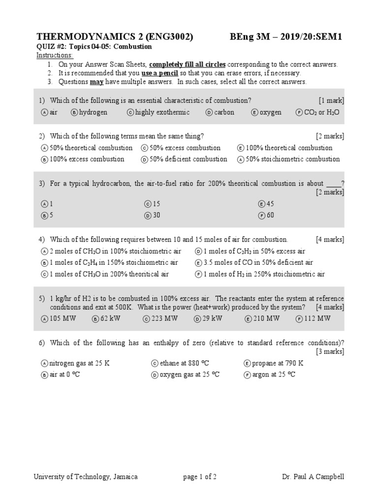Thermodynamics Quiz 2 | PDF | Stoichiometry | Combustion