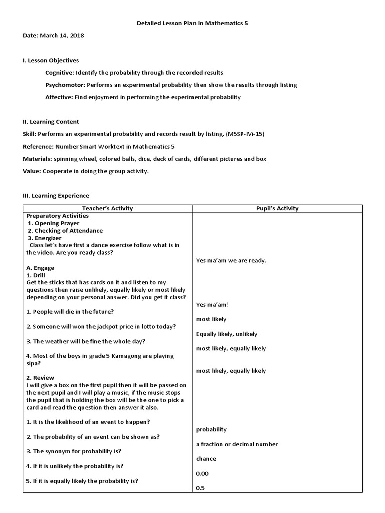 Detailed Lesson Plan in Mathematics 5 | PDF | Probability ...