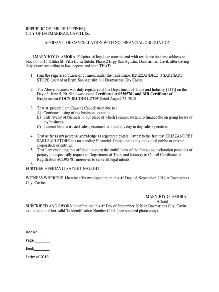 Affidavit of Cancellation with No Obligation | PDF