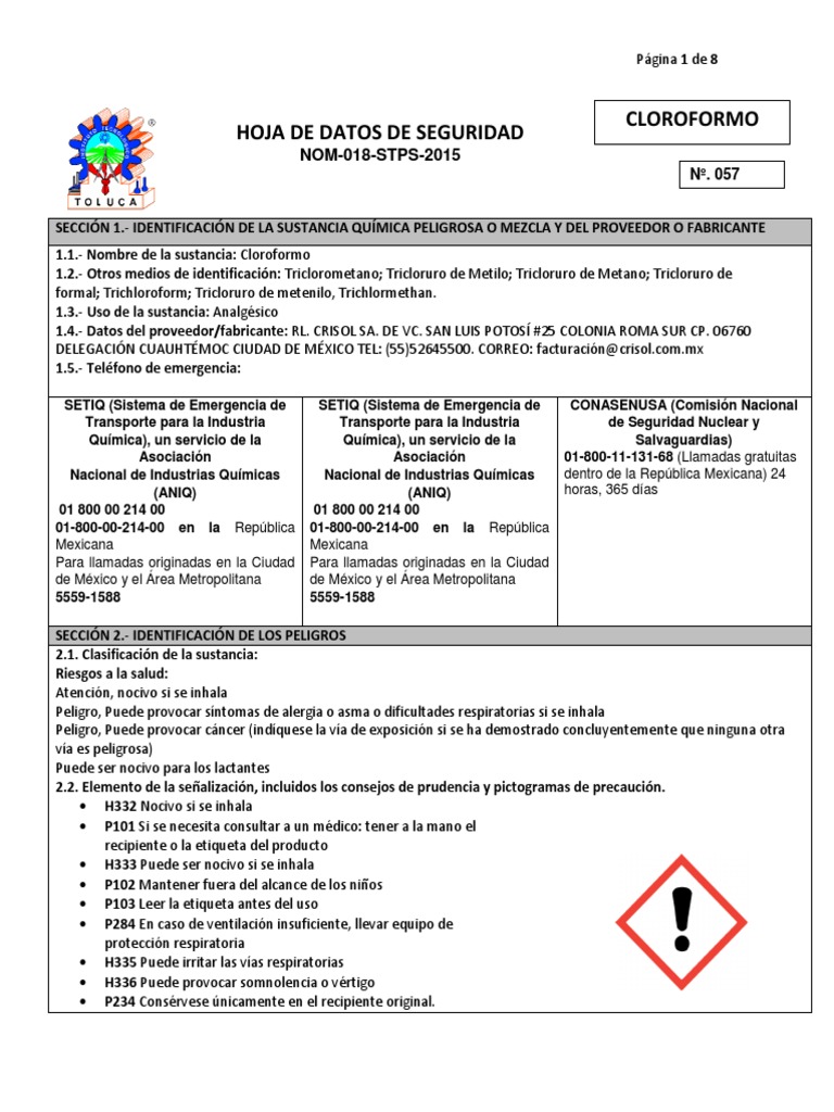 Cloroformo Hoja de Datos de Seguridad | PDF | Cloroformo | Oxígeno