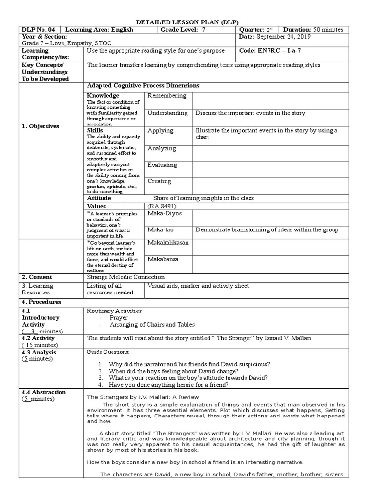 DLP - The Stranger | PDF | Narrative | Lesson Plan