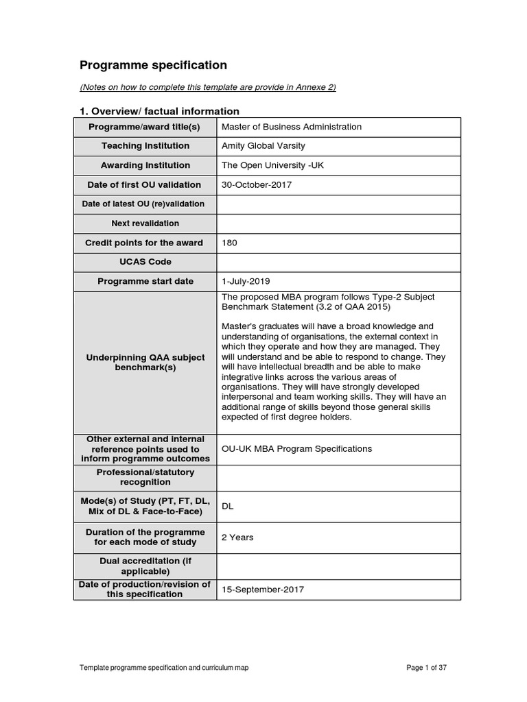 MBA Programme Specification | PDF | Strategic Management | Curriculum