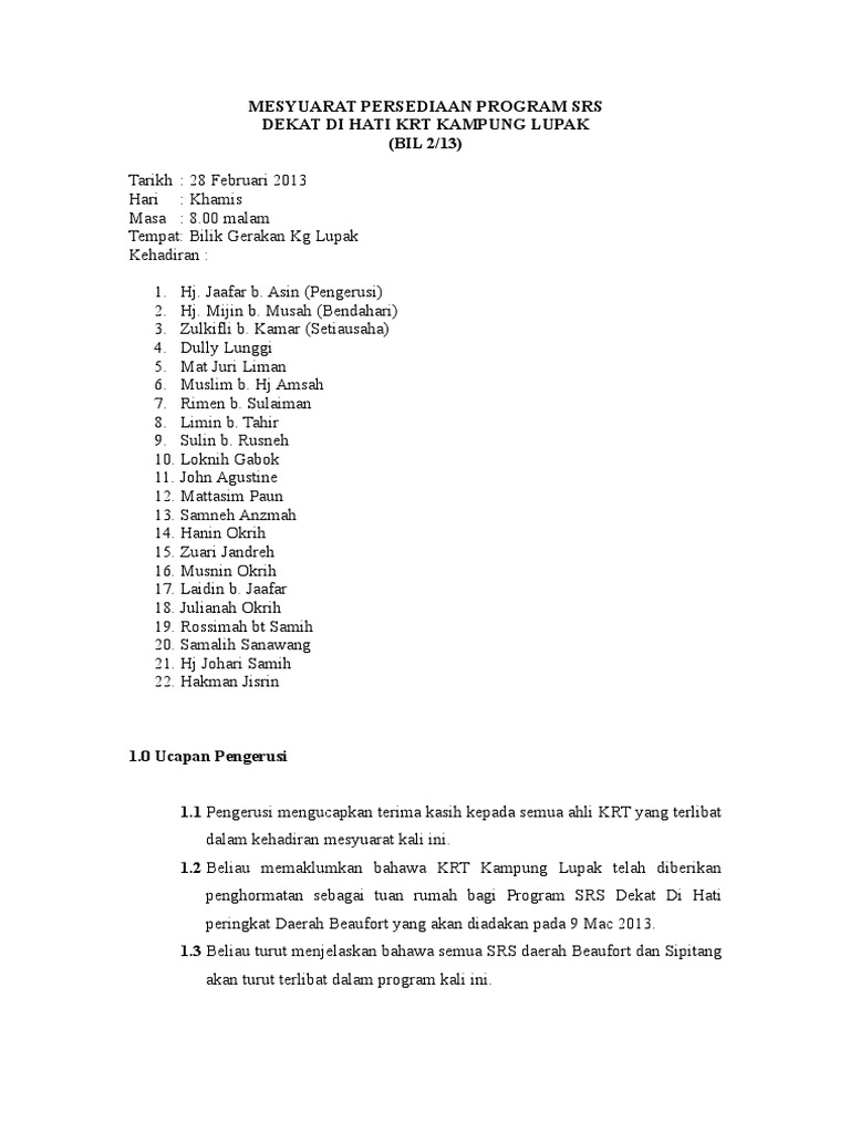 Mesyuarat Persediaan Program Srs Dekat Di Hati KRT Kampung Lupak Kali Kedua | PDF