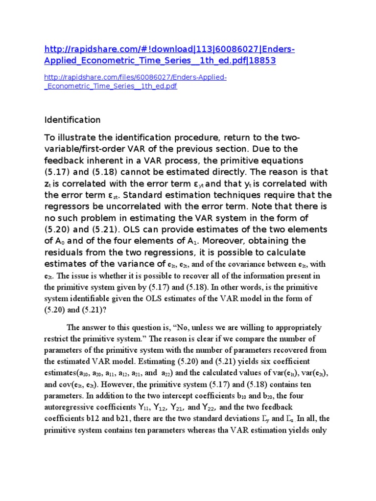 Identification Ekonomet Pdf Vector Autoregression Ordinary Least Squares