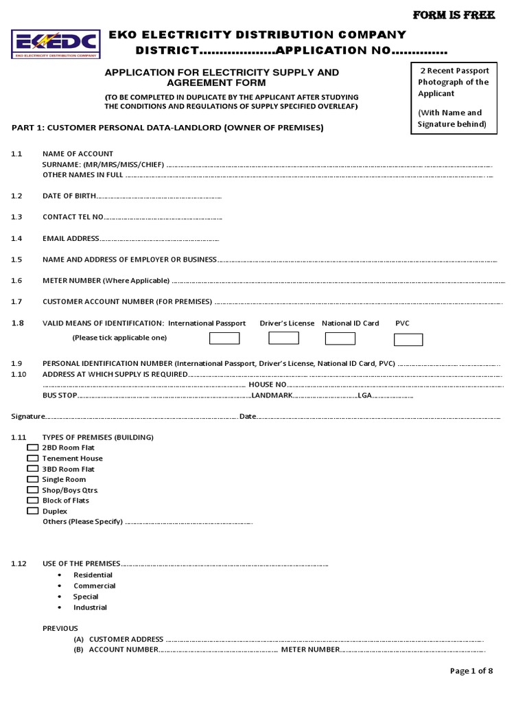 Electricity Supply Application Form | PDF | Identity Document | Lease