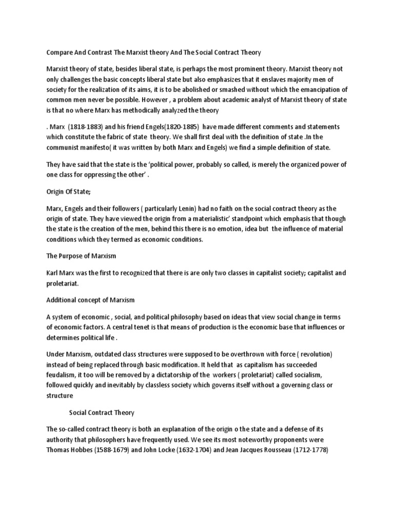 Compare and Contrast The Marxist Theory and The Social Contract Theory ...