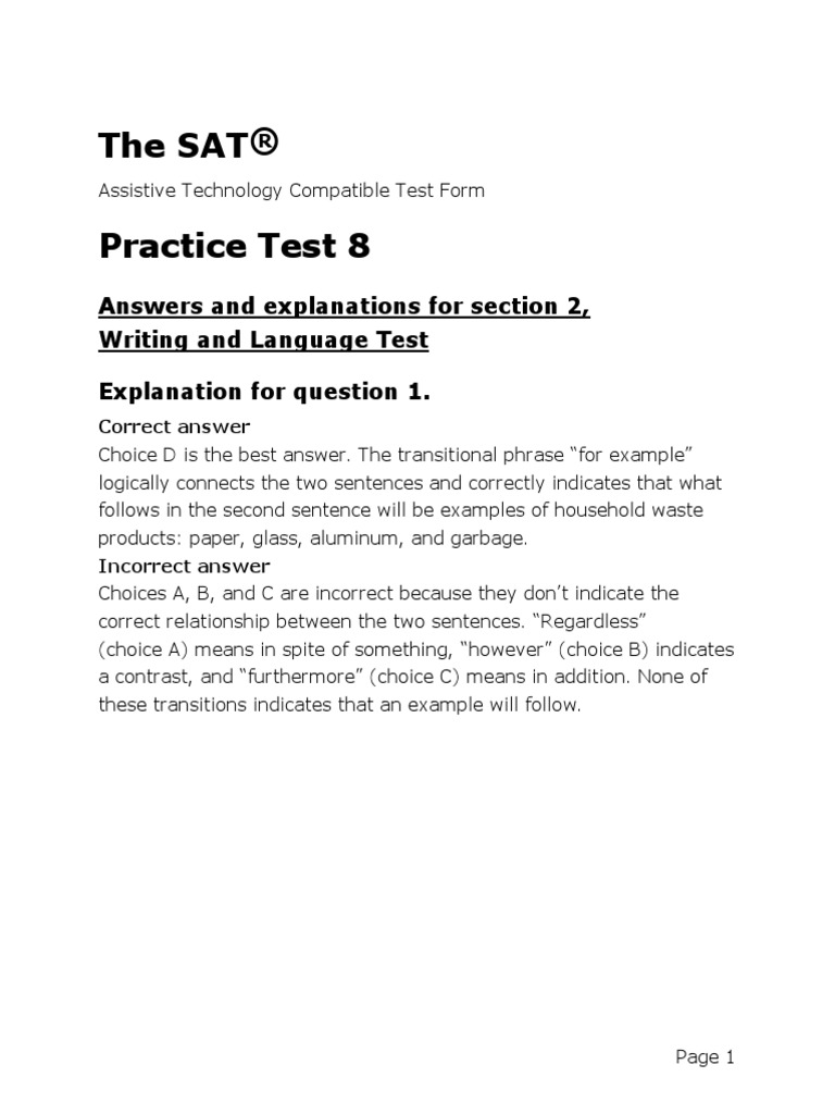 Sat Practice Test 8 Writing and Language Answers Assistive Technology ...