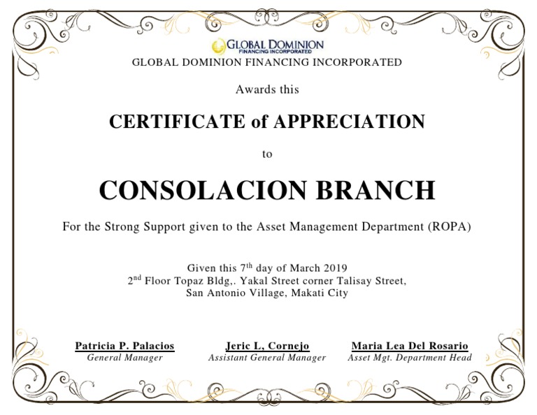 Consolacion Branch: Certificate of Appreciation | PDF