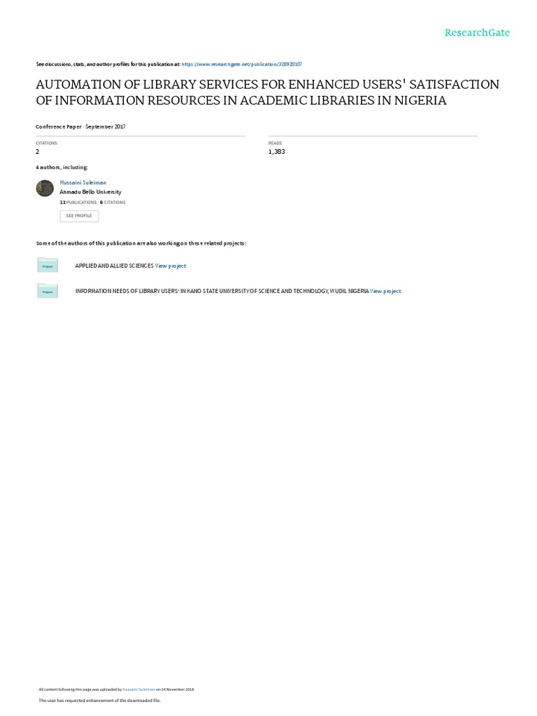Automation of Library Services For Enhanced Users' Satisfaction of ...