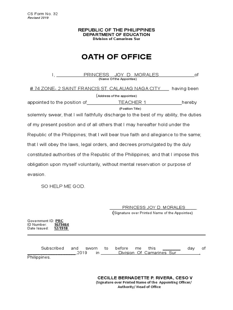 Oath of Office: Republic of The Philippines | PDF