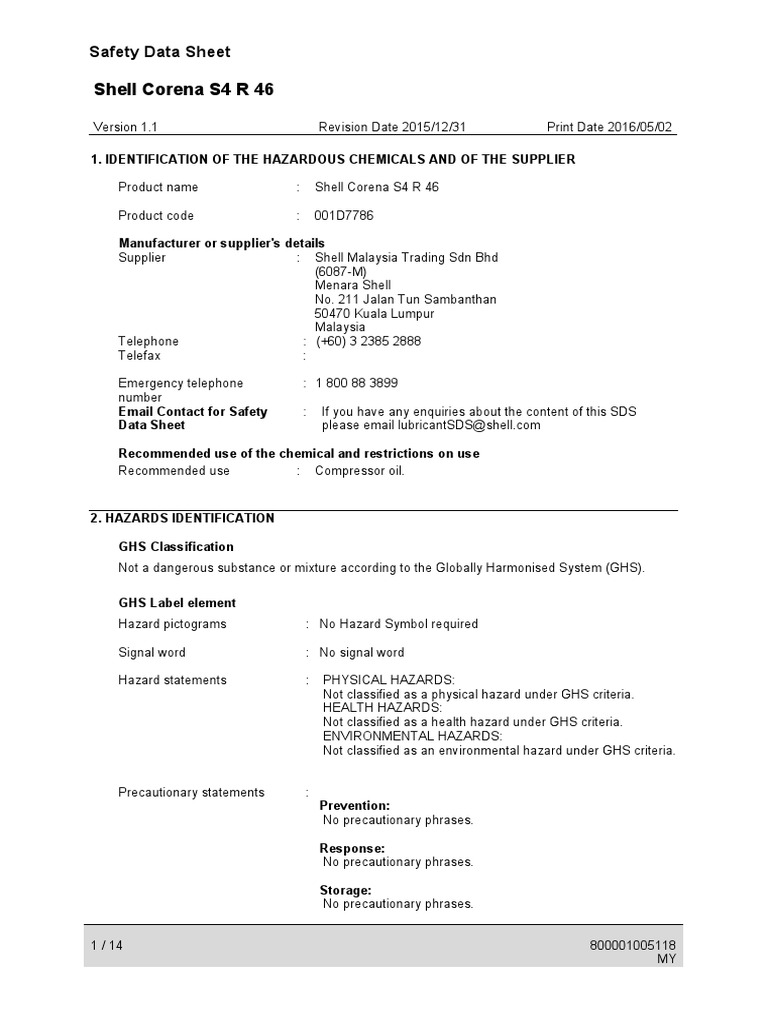 Shell Corena S4 R 46: Safety Data Sheet | Download Free PDF | Personal ...