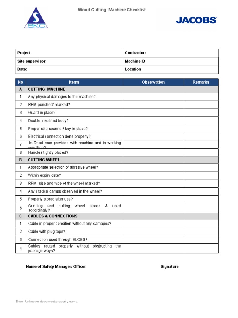 Wood Cutting Machine Checklist: No Items Observation Remarks | PDF