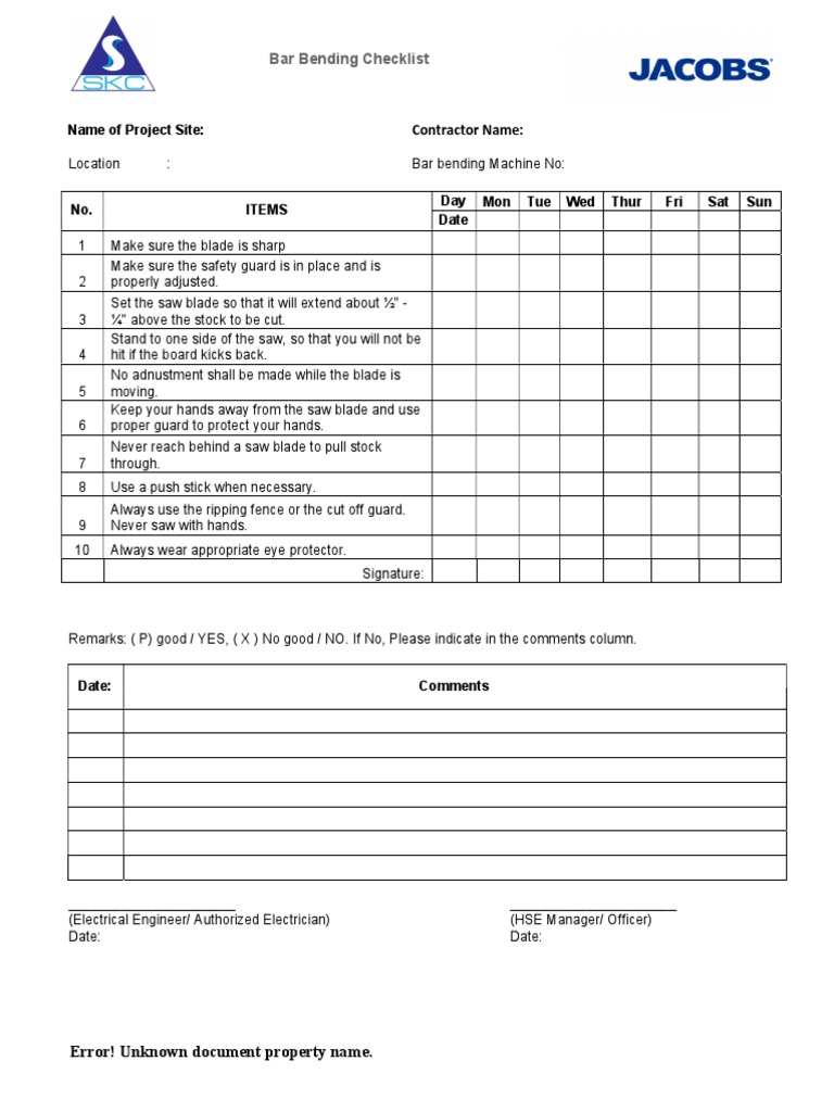 Bar Bending Checklist: Contractor Name | PDF