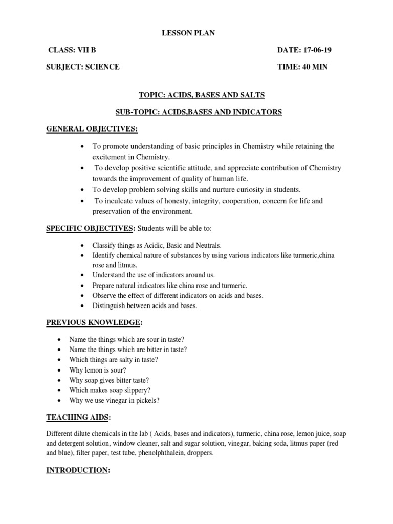 Lesson Plan Class VII (Acids, Bases and Salts) | PDF | Taste | Acid