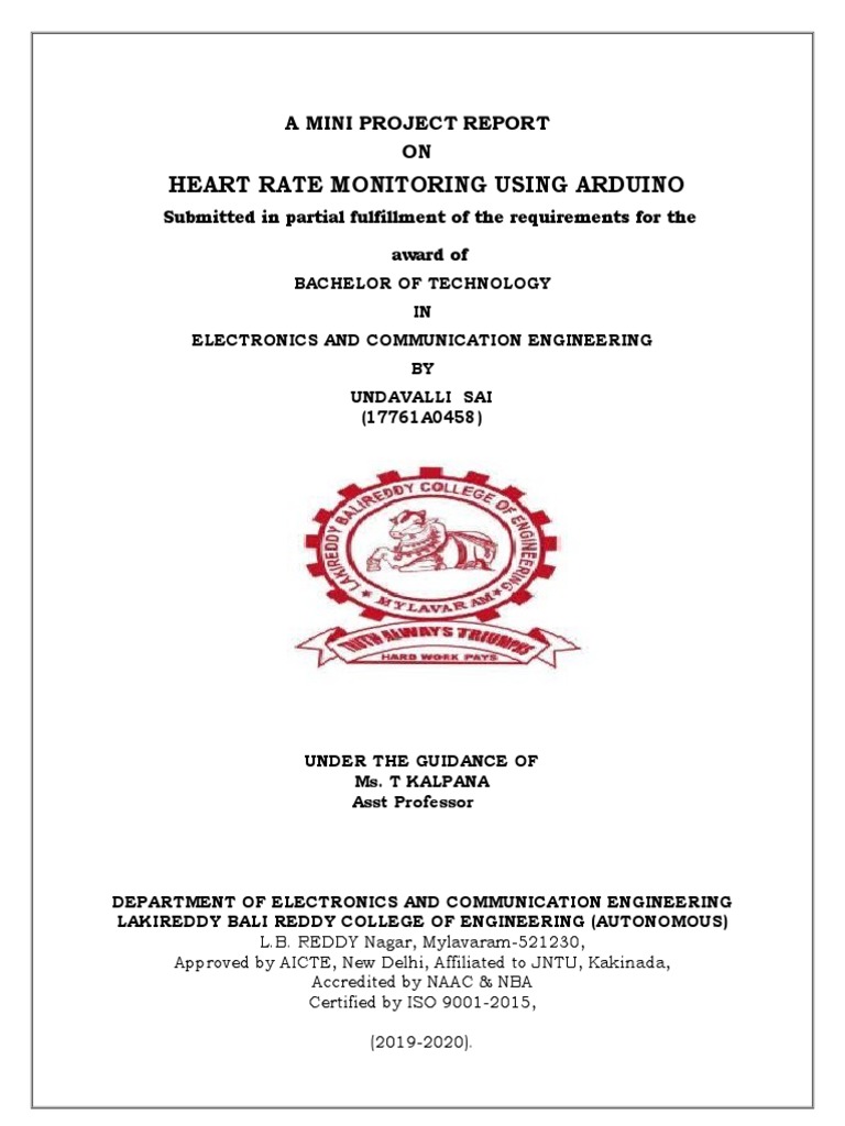 Heart Rate Monitoring Using Arduino: A Mini Project Report ON | PDF ...