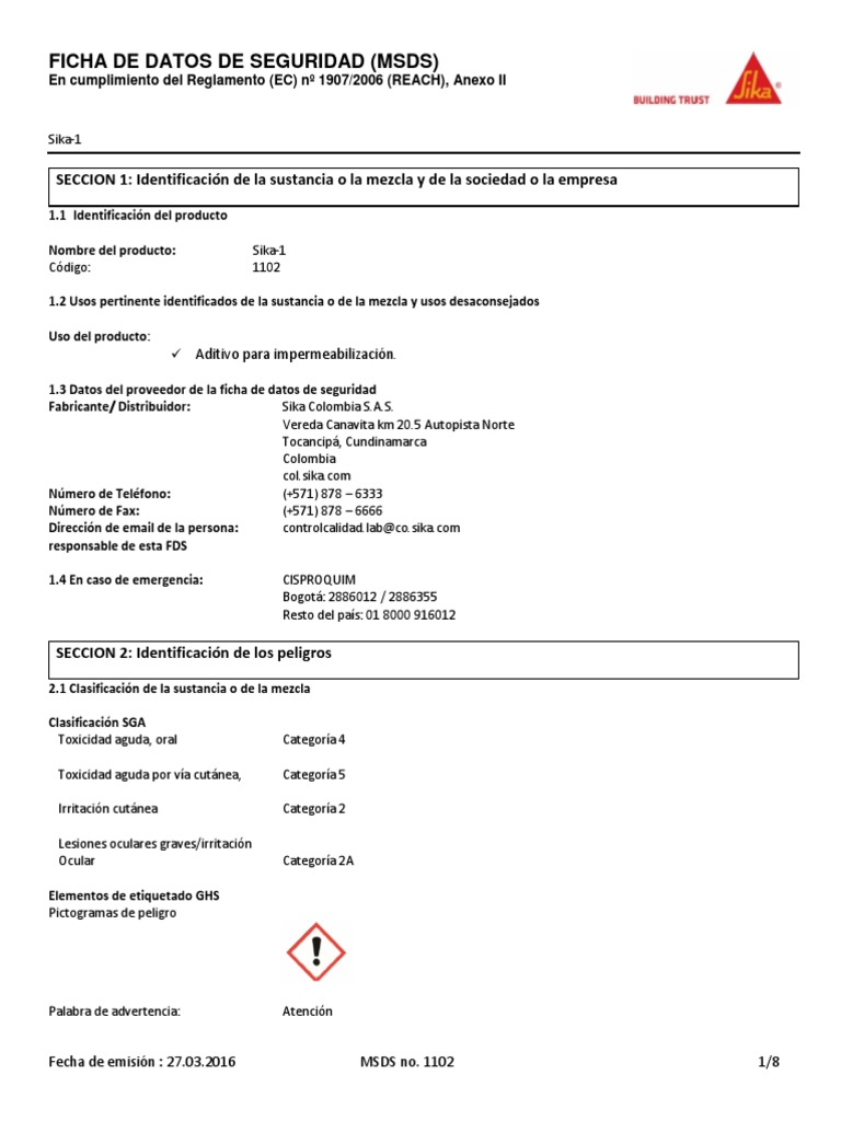 2 MSDS Sika 1 | Descargar gratis PDF | Agua | Naturaleza