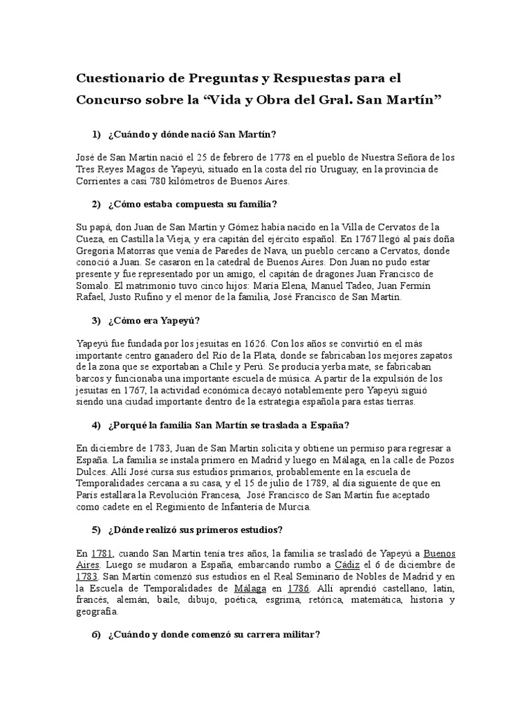 Cuestionario sobre la Vida de San Martín | PDF | Perú | Militar